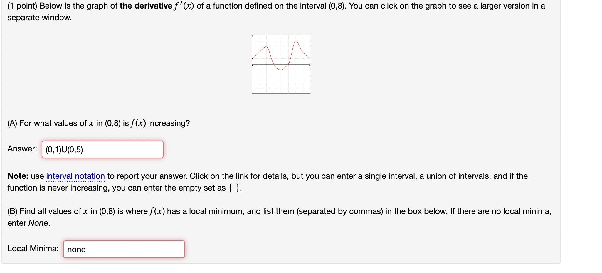 Solved (1 point) Below is the graph of the derivative f′(x) | Chegg.com