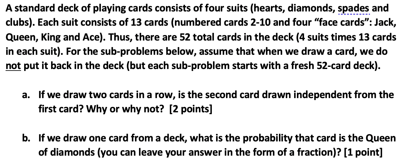 Solved A standard deck of playing cards consists of four | Chegg.com