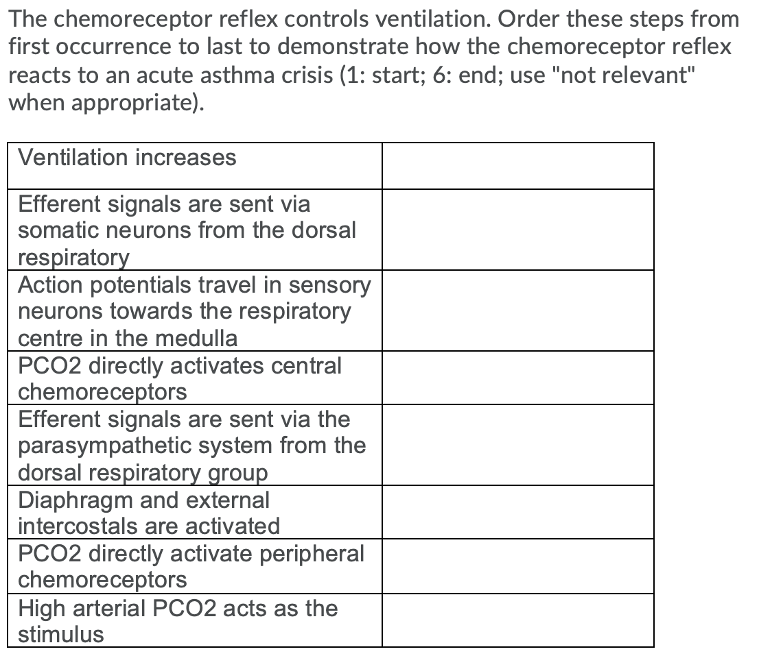 Solved The chemoreceptor reflex controls ventilation. Order | Chegg.com