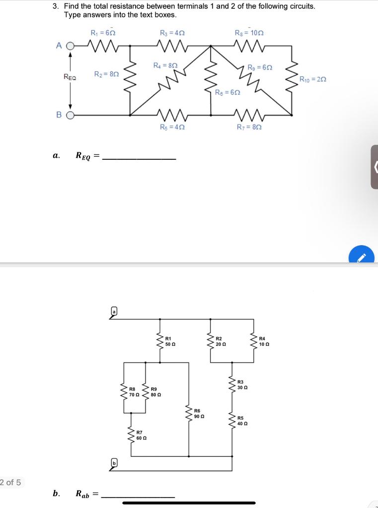 Solved 3. Find the total resistance between terminals 1 and | Chegg.com