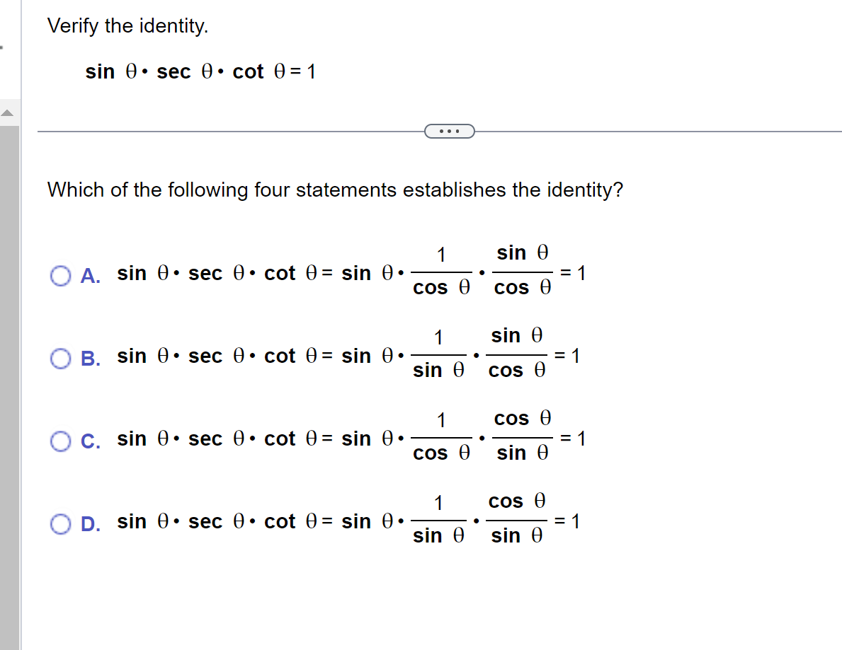 Solved Verify the identity. tantsect=sintsec2t−1 Which of | Chegg.com