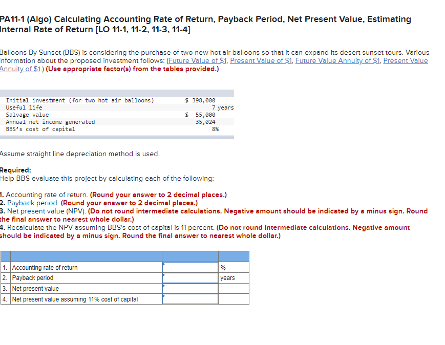 Solved PA11-1 (Algo) Calculating Accounting Rate of Return, | Chegg.com