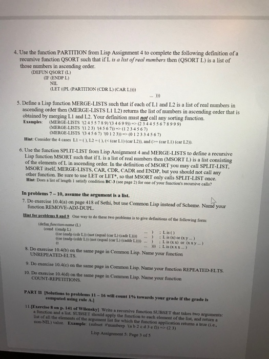 C SCI 316 (Kong): Lisp Assignment 5 Solutions to | Chegg.com