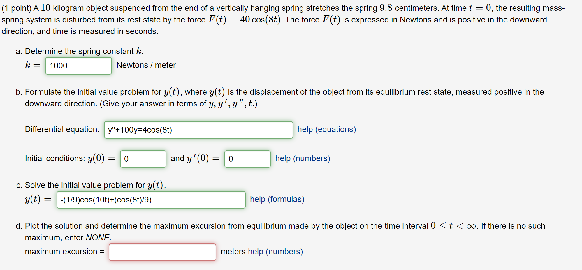 Solved (1 point) A 10 kilogram object suspended from the end | Chegg.com