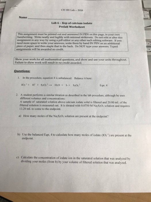 Solved CH 181 Lab-2018 Name Lab 6 -Ksp of calcium iodate | Chegg.com