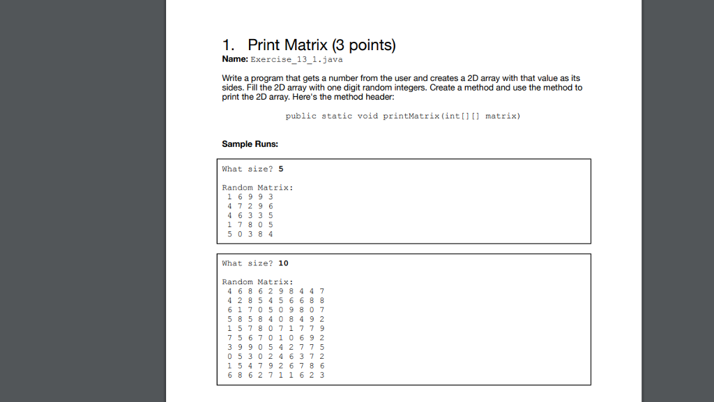 Solved 1 Print Matrix 3 Points Name Exercise 13 1 Java