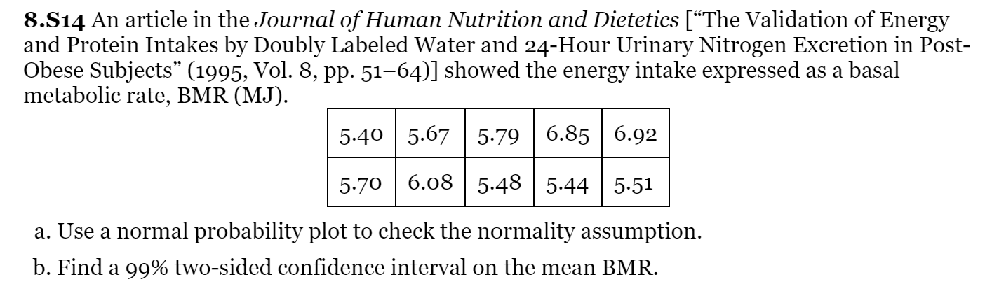 Solved 8.S14 An article in the Journal of Human Nutrition | Chegg.com