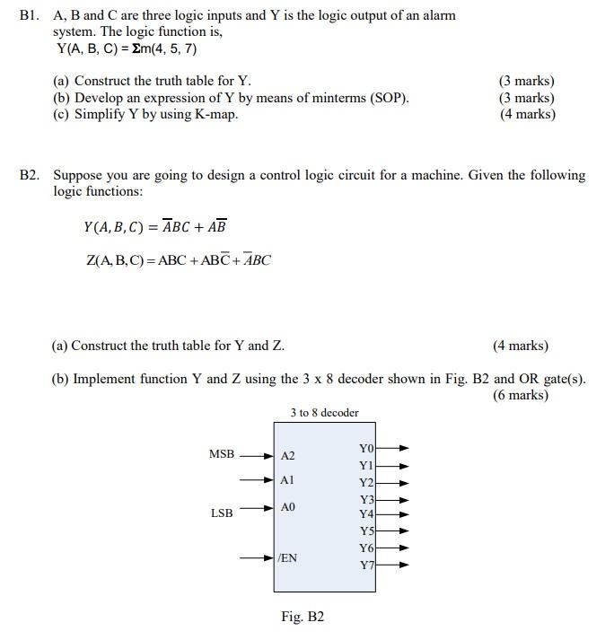 Solved BI. A, B and C are three logic inputs and Y is the | Chegg.com