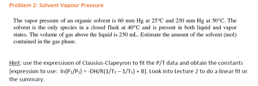 Solved Problem 2: Solvent Vapour Pressure The vapor pressure | Chegg.com