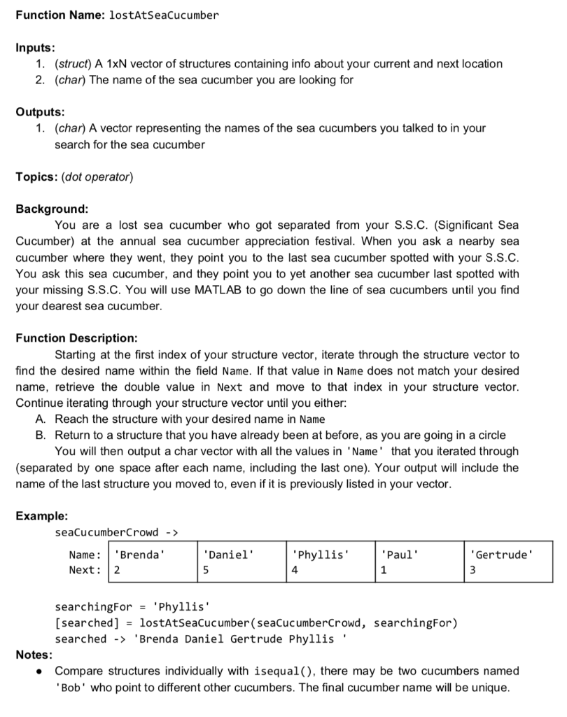 Solved Function Name: lostAtSeaCucumber Inputs: 1. (struct) | Chegg.com
