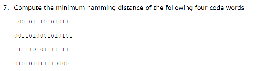 Solved 7. Compute the minimum hamming distance of the | Chegg.com