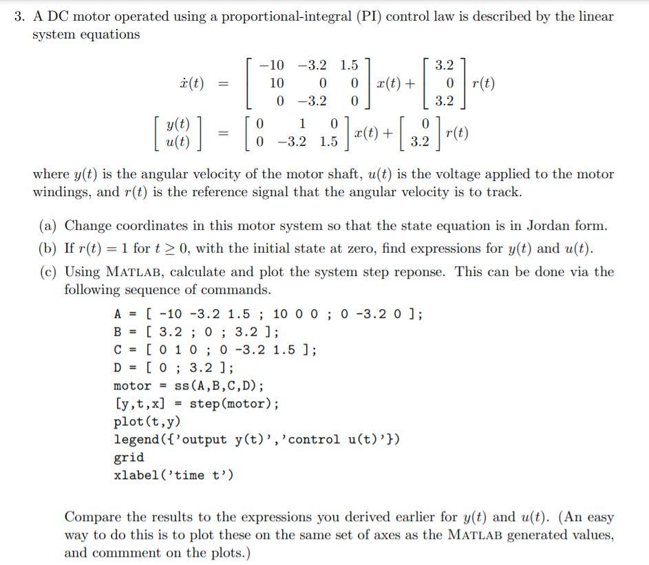 3. A DC motor operated using a proportional-integral | Chegg.com