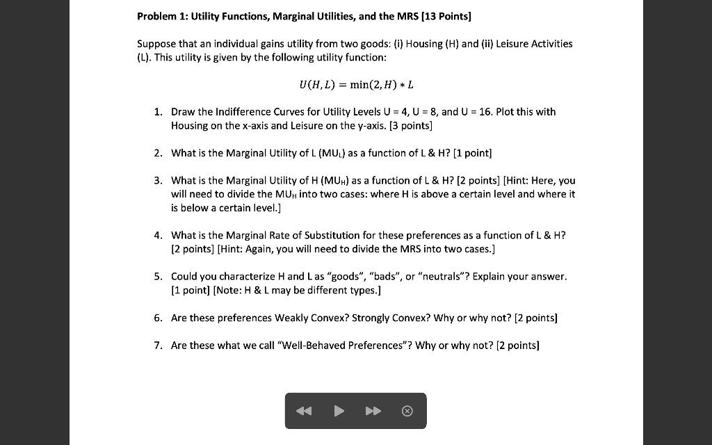 Solved Problem 1: Utility Functions, Marginal Utilities, and | Chegg.com