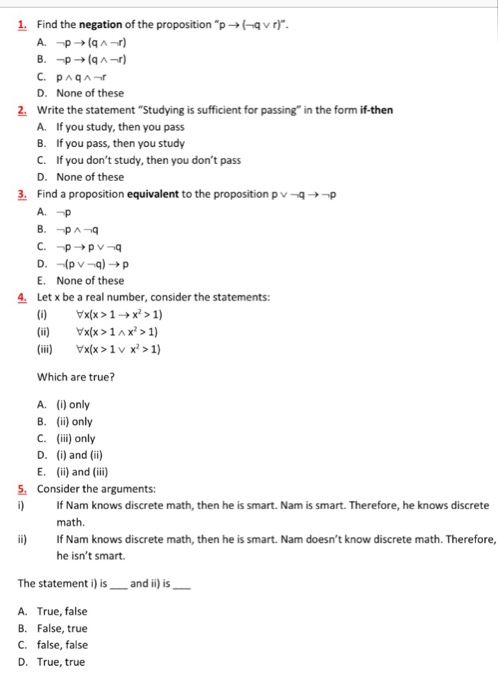Solved 1. Find the negation of the proposition "p → (-a v D. | Chegg.com