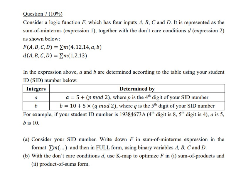 Solved Question 7 (10%) Consider a logic function F, which | Chegg.com