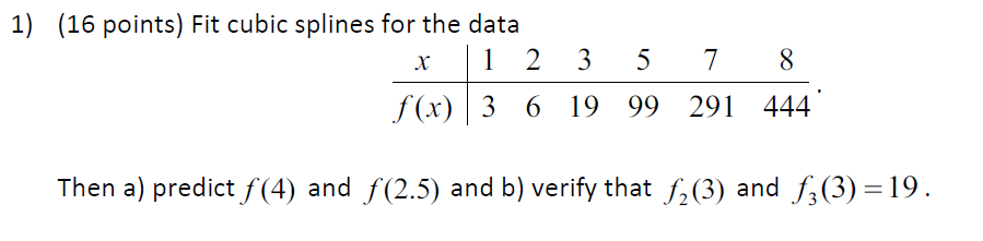 Solved 1) (16 points) Fit cubic splines for the data x 1 2 3 | Chegg.com