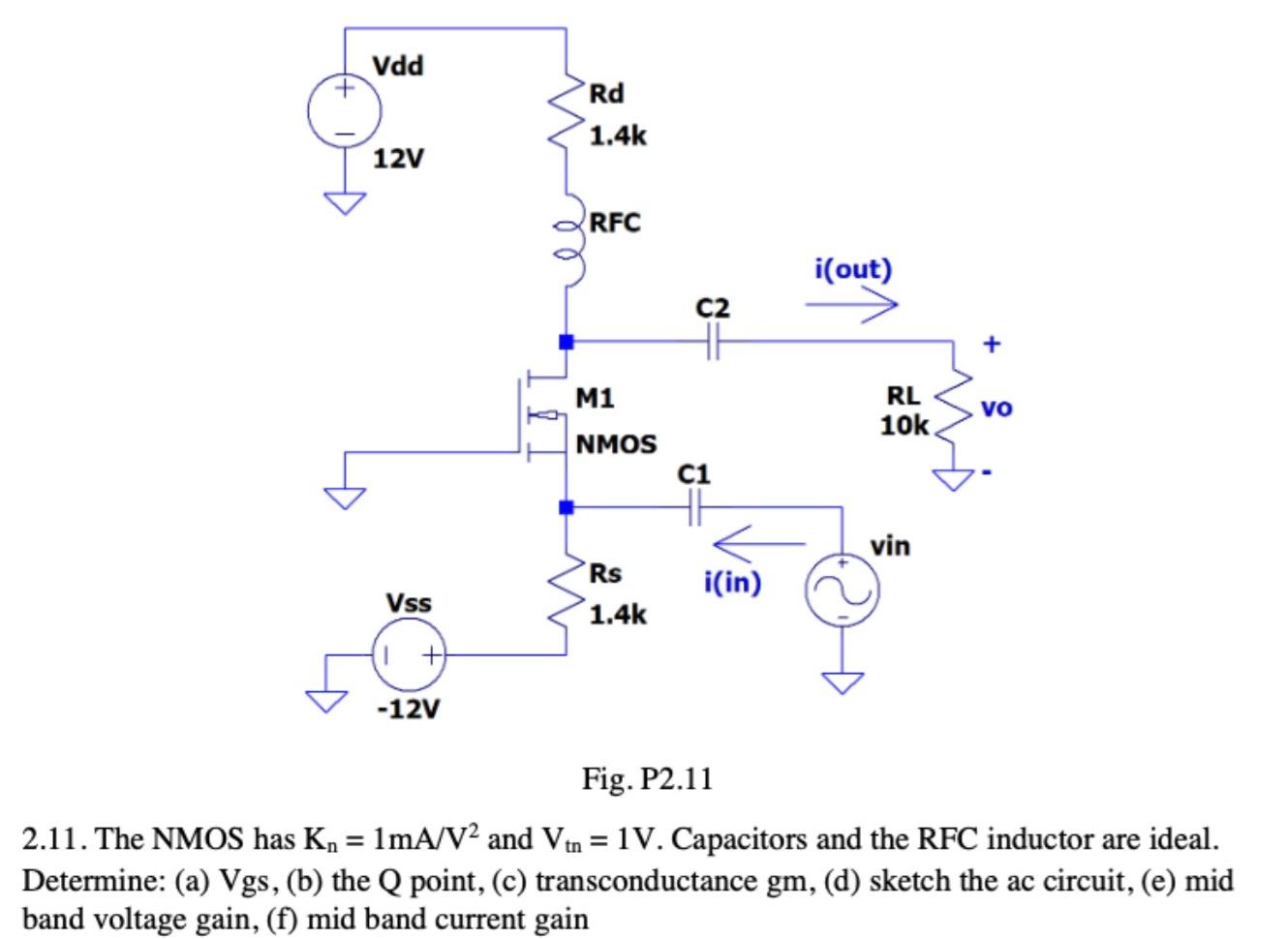Solved Fig. P2.11 2.11. The NMOS has Kn=1 mA/V2 and Vtn=1 V. | Chegg.com