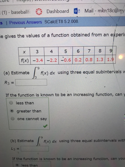 Solved I need the estimates for 3 equal subintervals with | Chegg.com