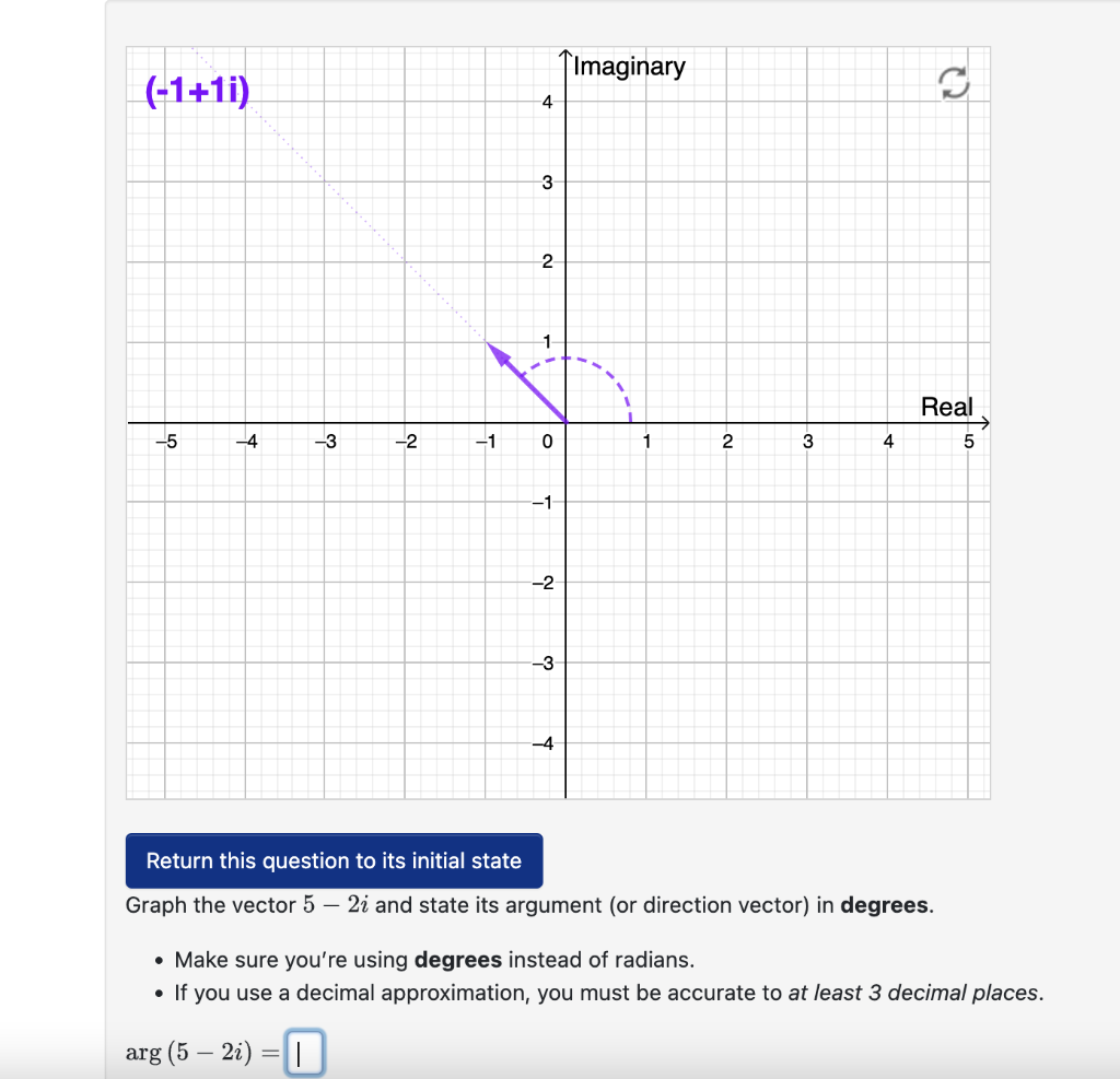 Solved Graph the vector 5−2i and state its argument (or | Chegg.com