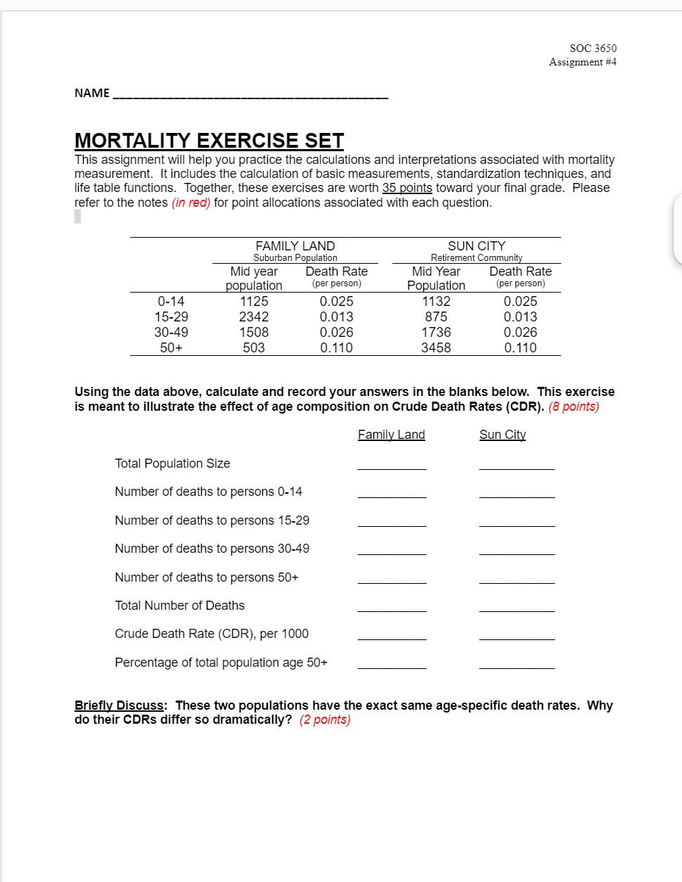 NAMEMORTALITY EXERCISE SETThis assignment will help | Chegg.com