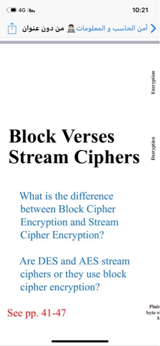 Solved 4G 11. 10:21 Block Verses Stream Ciphers What is the | Chegg.com