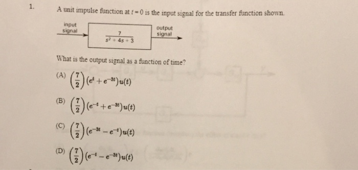 Solved 1. A unit impulse function at t 0 is the imput signal | Chegg.com