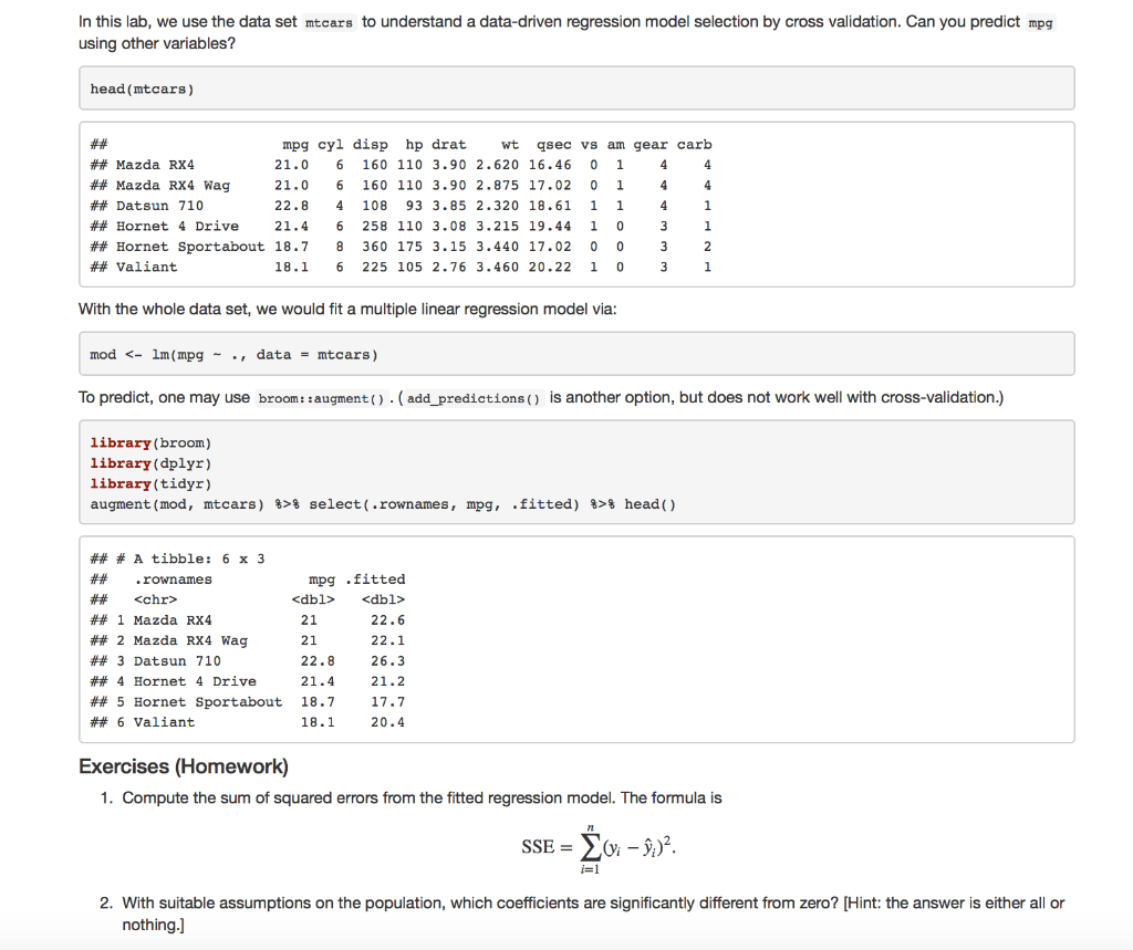 Solved In this lab, we use the data set mtcars to understand | Chegg.com
