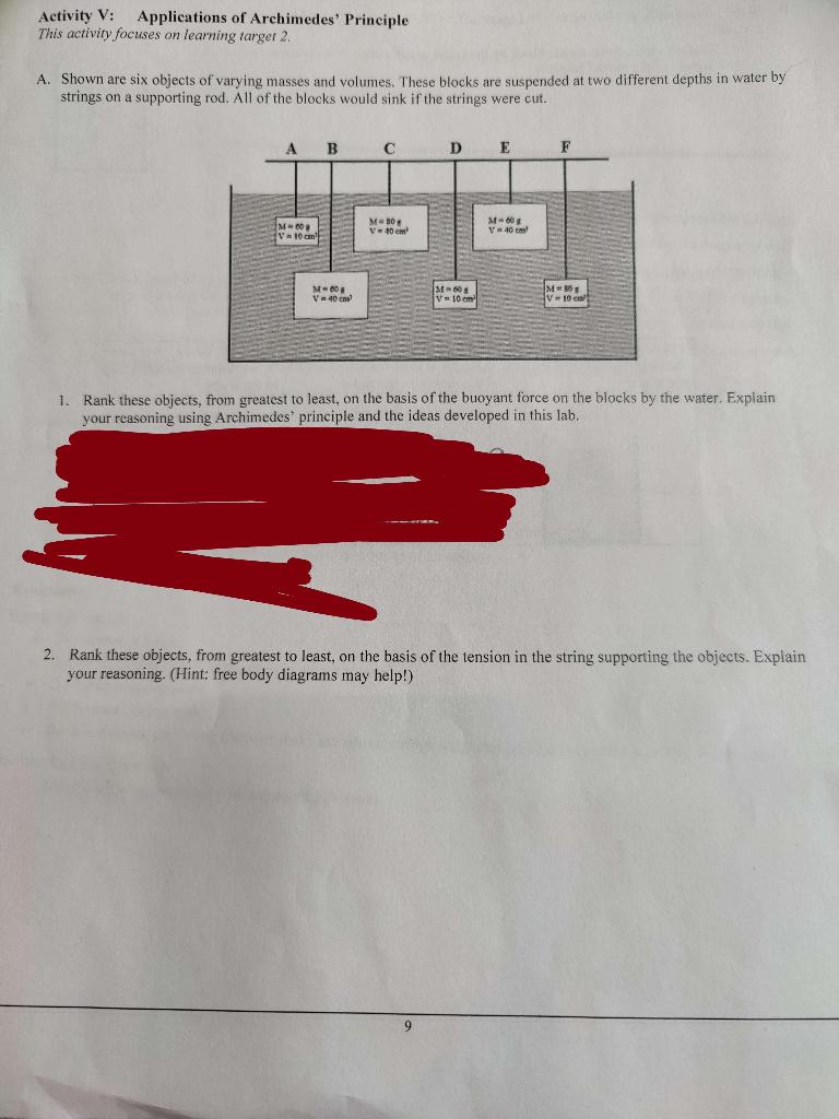 Activity V: Applications of Archimedes' Principle | Chegg.com
