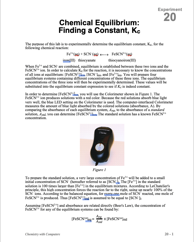 Experiment 20 Chemical Equilibrium: Finding a | Chegg.com