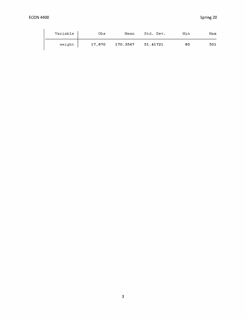 ECON 4400 Spring 20 Table 2. Regression Results (4) | Chegg.com