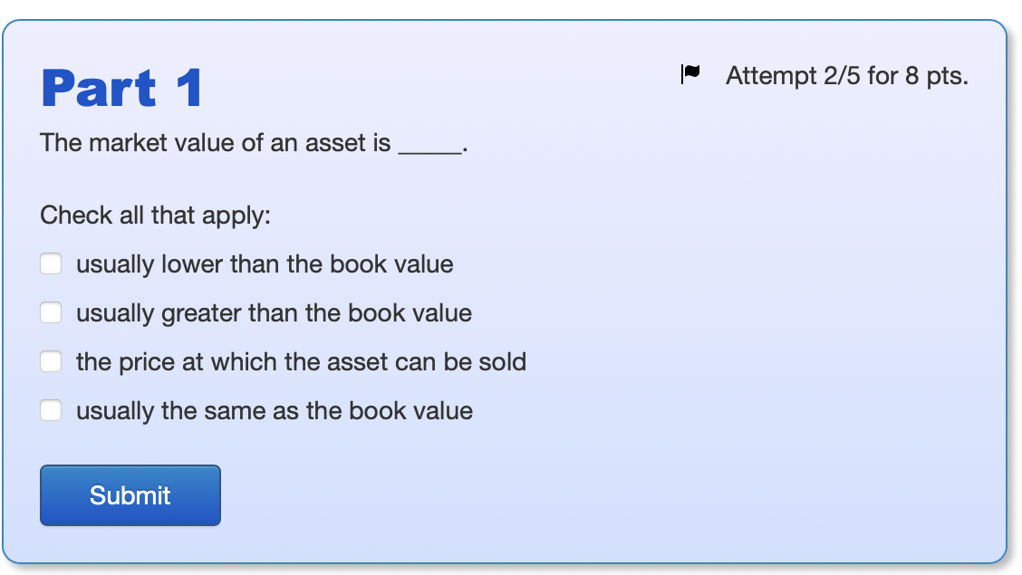 Solved Part 1 | Attempt 2/5 for 8 pts. The market value of | Chegg.com