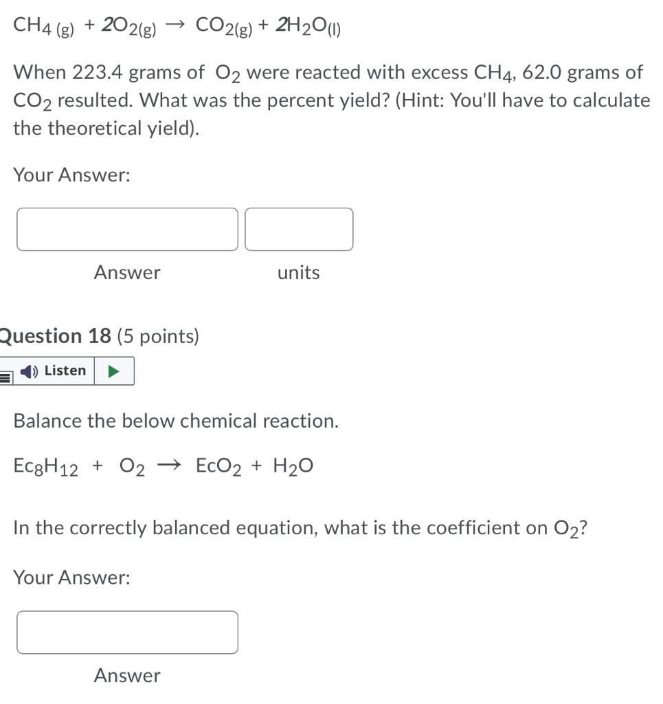 Solved CH4 (g) + 202(g) + CO2(g) + 2H2O(1) When 223.4 grams | Chegg.com