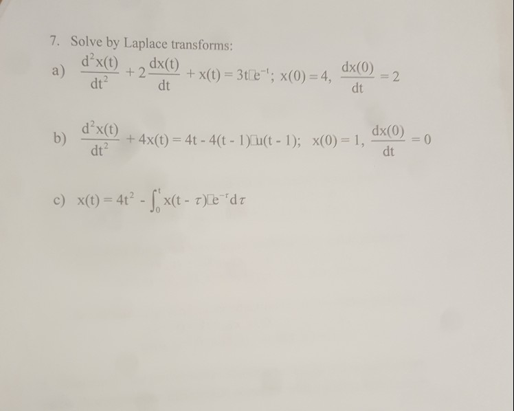 Solved 7. Solve by Laplace transforms: dx(tdx(t) dx(0) dt dt | Chegg.com