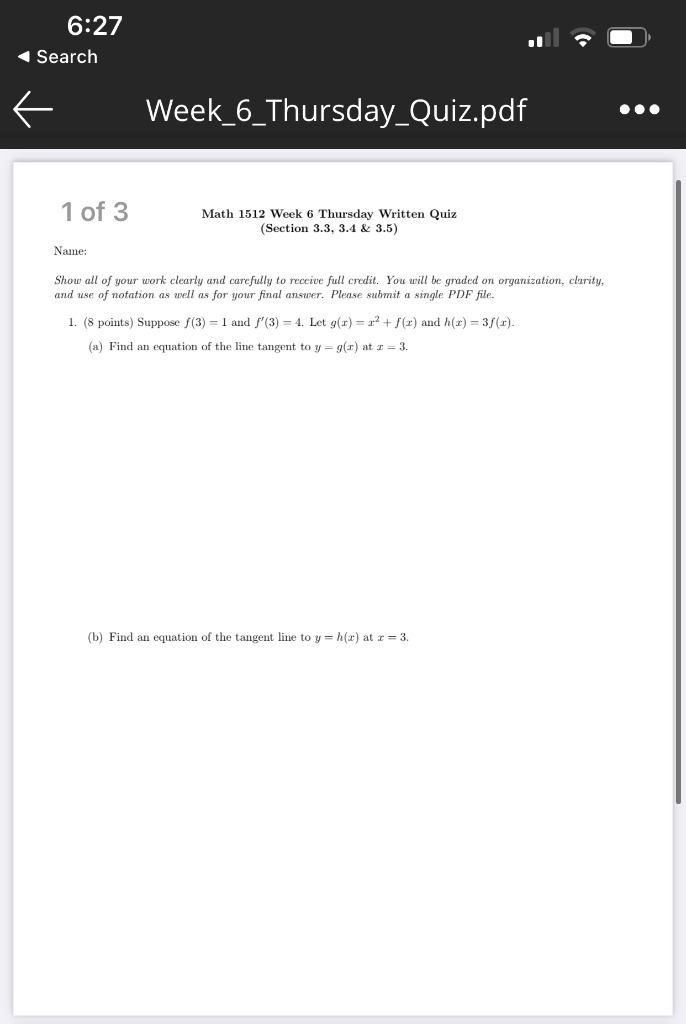 Solved 6:27 Search Week_6_Thursday_Quiz.pdf 1 of 3 Math 1512 | Chegg.com