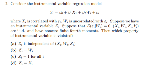 Solved 2. Consider the instrumental variable regression | Chegg.com