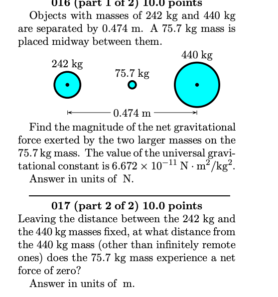 Solved Objects with masses of 242 kg and 440 kg are | Chegg.com