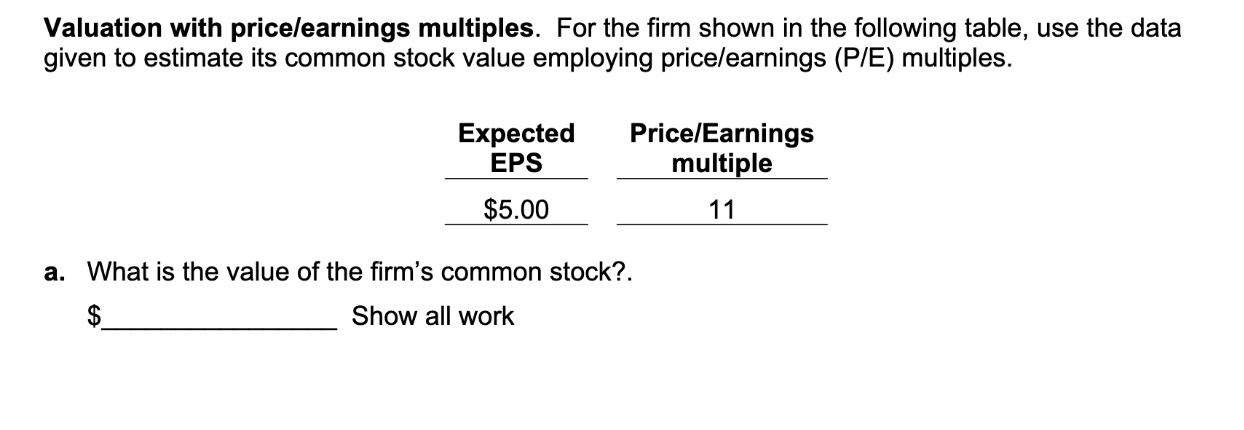 Solved Valuation with price/earnings multiples. For the firm | Chegg.com
