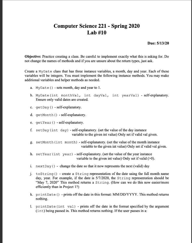 Computer Science 221 - Spring 2020 Lab #10 Due: | Chegg.com