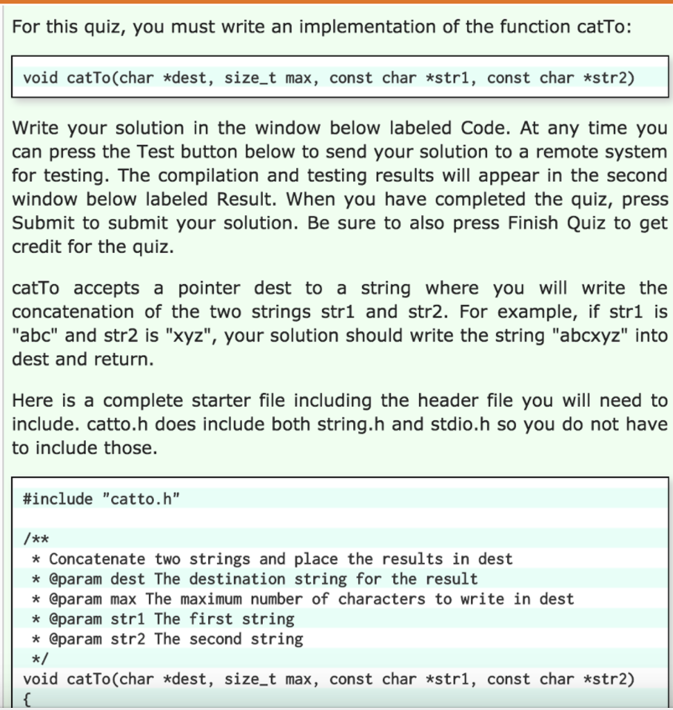 Solved catTo accepts a pointer dest to a string where you | Chegg.com