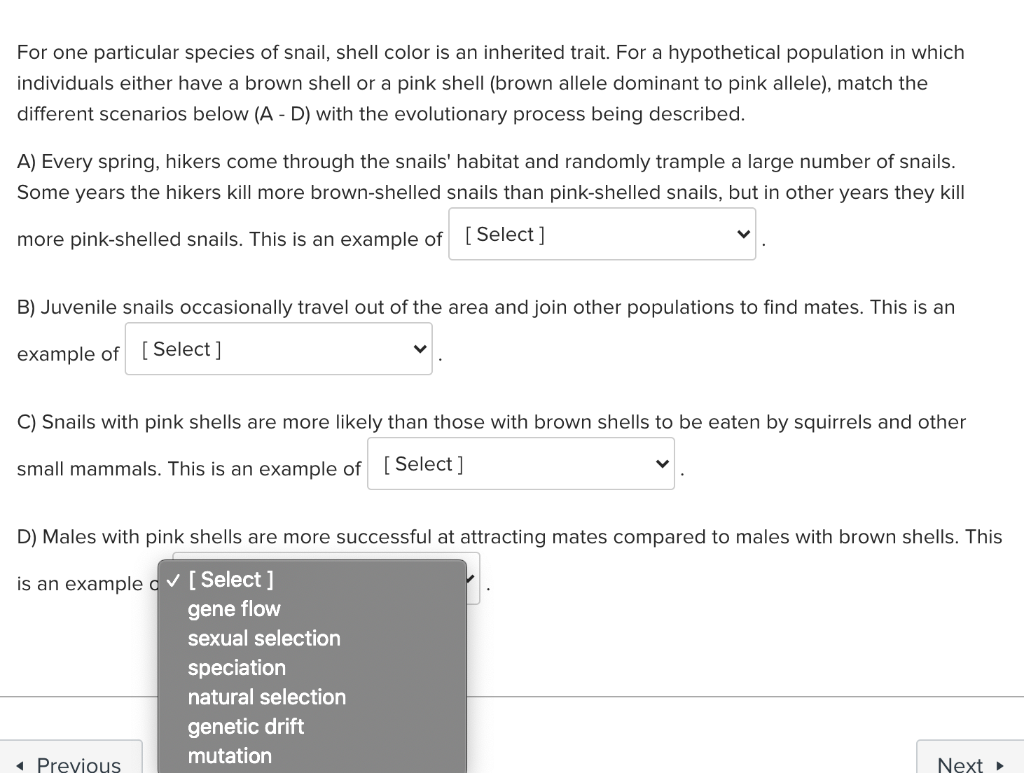 Solved For one particular species of snail, shell color is | Chegg.com