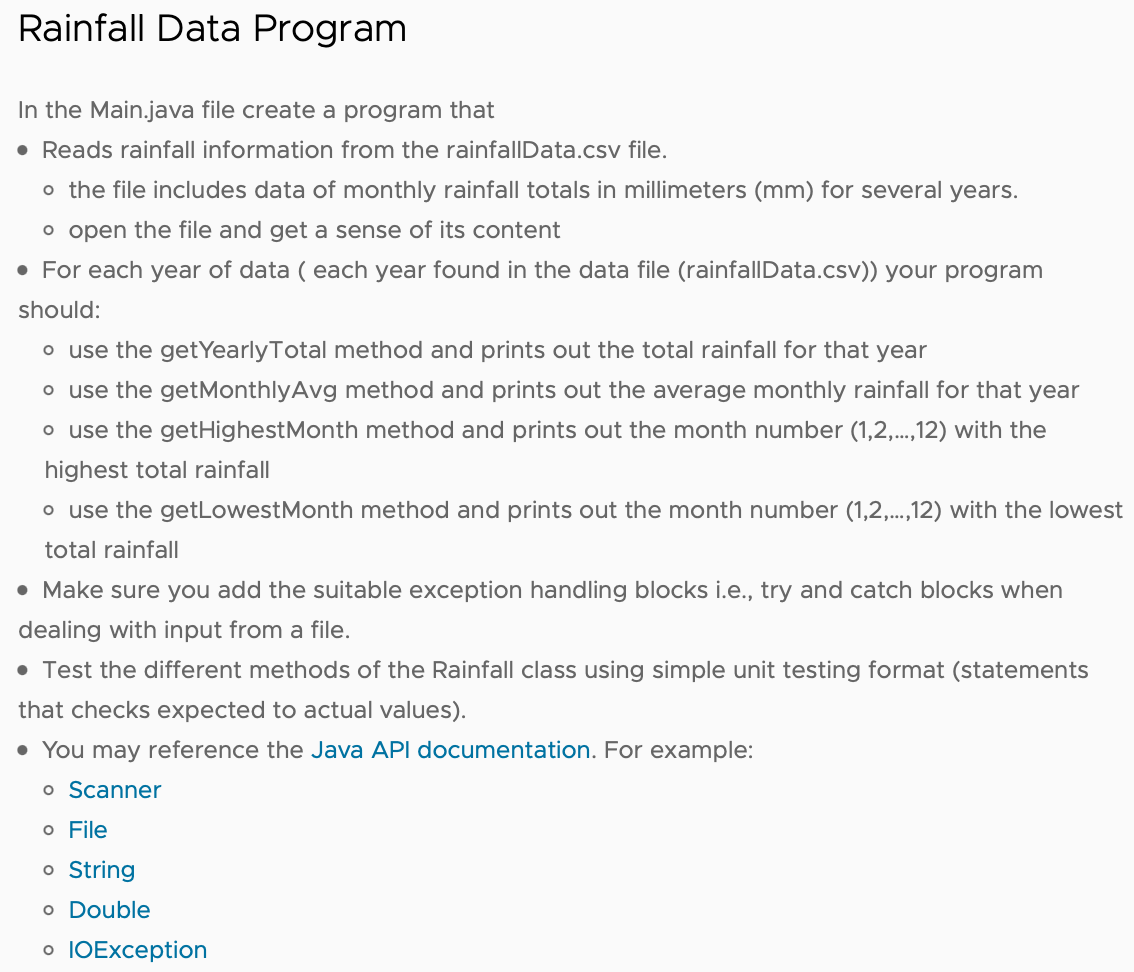 Solved Rainfall Data Program In the Main.java file create a | Chegg.com