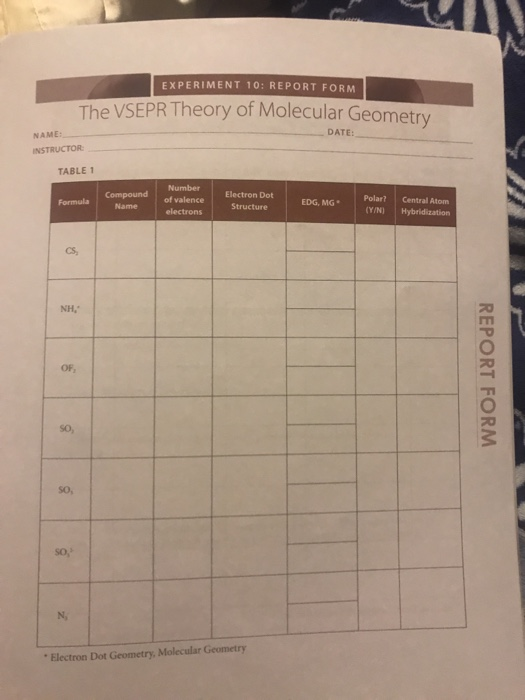 Solved Experiment 10 Report Form The Vsepr Theory Of