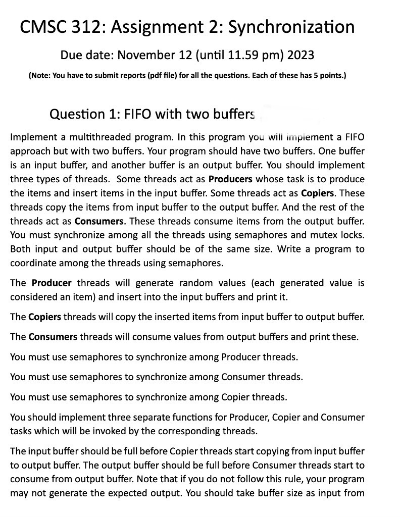Solved CMSC 312: Assignment 2: Synchronization Due date: | Chegg.com