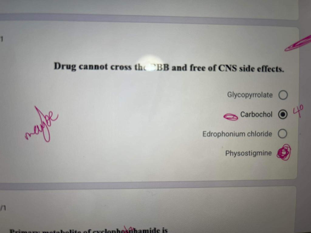 Solved Drug cannot cross the BB and free of CNS side | Chegg.com