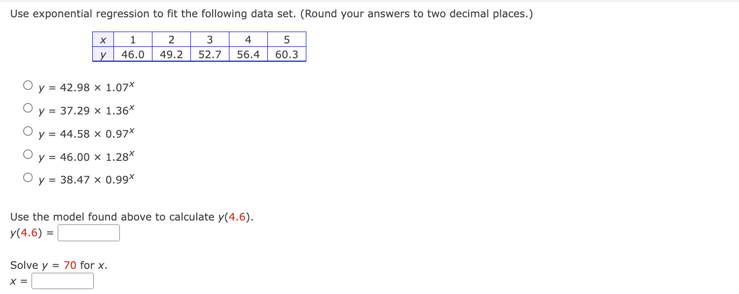 Solved Use exponential regression to fit the following data | Chegg.com