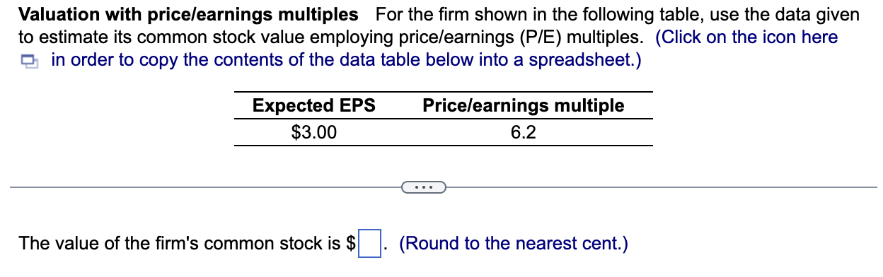 Solved Valuation with price/earnings multiples For the firm | Chegg.com