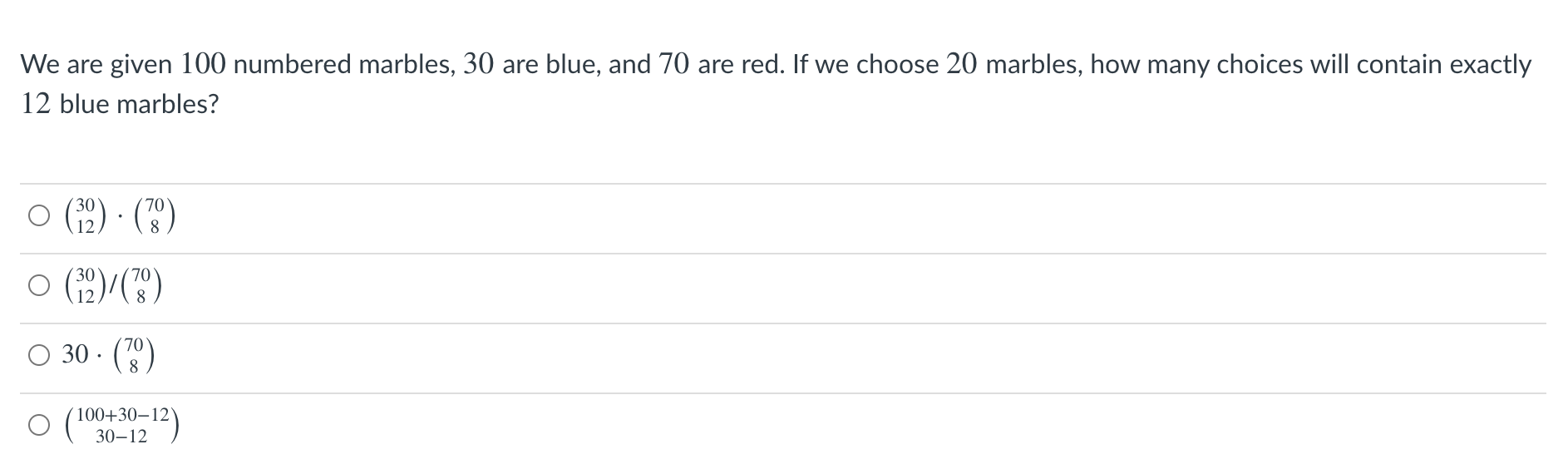Solved We are given 100 numbered marbles, 30 are blue, and | Chegg.com