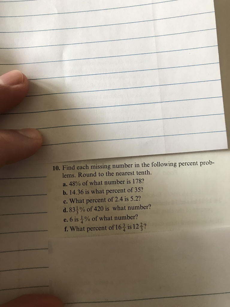 Solved 10. Find each missing number in the following percent | Chegg.com