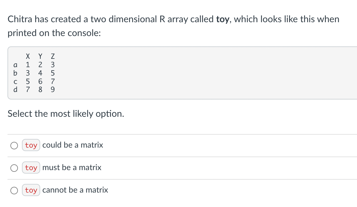 Solved Chitra has created a two dimensional R array called | Chegg.com
