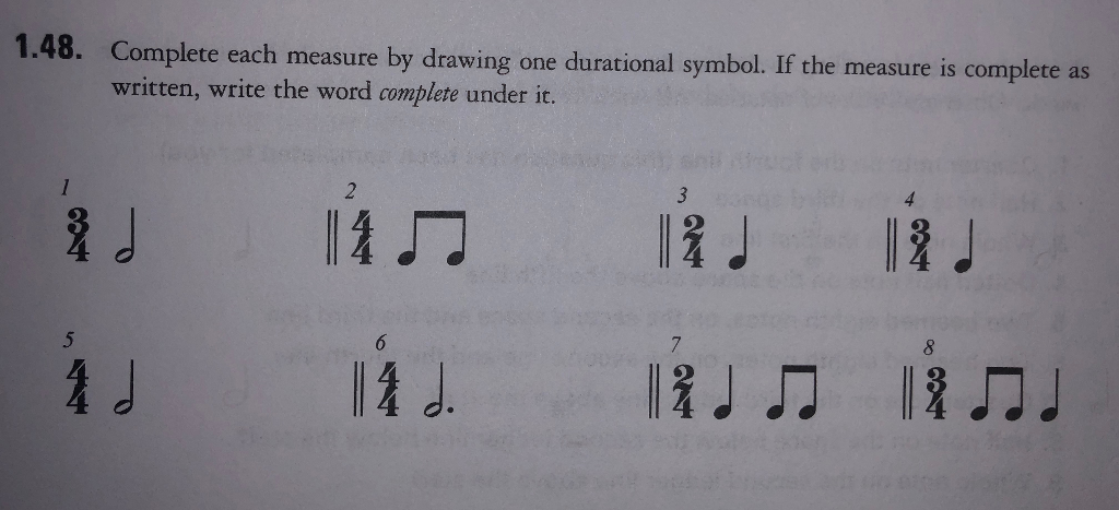 Solved 1.48. Complete each measure by drawing one durational | Chegg.com